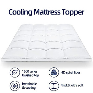 Cooling Mattress Topper Queen for Back Pain, Extra Thick Mattress Pad Cover, Plush Pillow Top Overfilled with Down Alternative, Deep Elastic Pocket, White