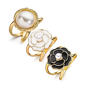 3PCS Elegant Pearl Floral Scarf Ring Clip Camellia Flower Scarf Buckle for Women Scarf Ring Buckle Women Fashion Metal Shawl Clip Buckle Lady Girls Decoration Accessories (28mm) (3, 28)