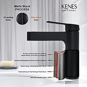 KENES Single Handle Bathroom Faucet, Matte Black Modern Single Hole Bathroom Sink Faucet with Deck Plate, Stainless Steel Lavatory Vanity Faucet Supply Lines Included, KE-9010-2