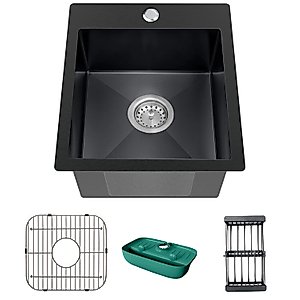 Black Kitchen Sink, Stainless Steel Topmount Bar Sink 15x17x9 Inch Single Bowl Drop In Kitchen Sink Combo-Stainless Steel Sink Grid,Drain Basket,Faucet Mat,Drain Strainer Set for Modern Kitchen Sink