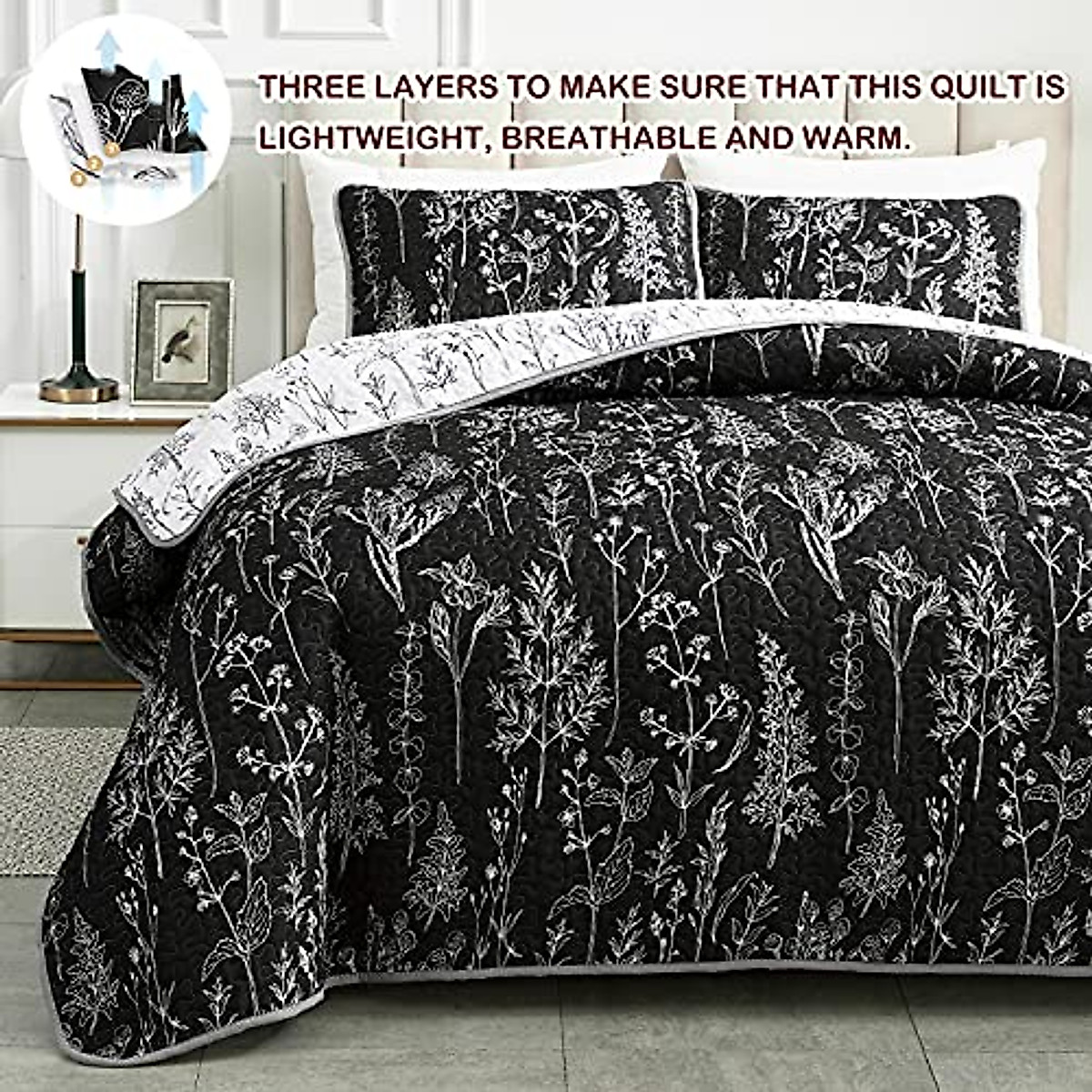 Joyreap 3 Pieces Quilt Set Full/Queen, Black n White Reversible Botanical Design, Smooth Soft Microfiber Quilt, Bedspread Bed Cover for All Season, 1 Quilt and 2 Pillow Shams- 90x90 inches