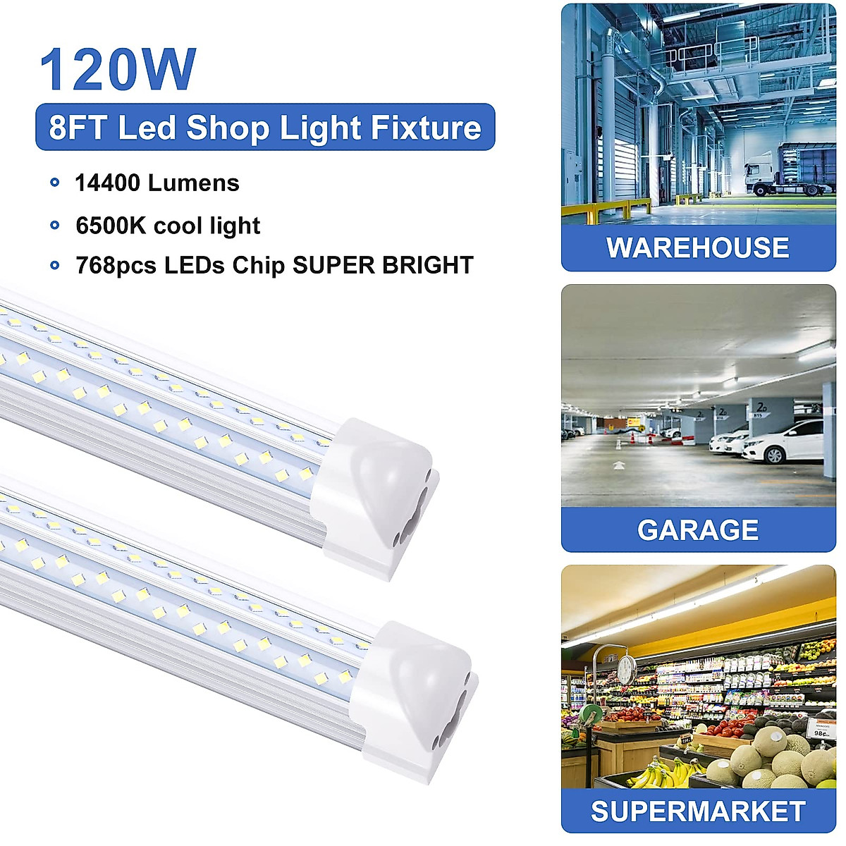JOMITOP 8 ft Led Shop Light Fixture 120W 14400 Lumens 6500K Cold White T8 V Shaped Integrated Led Tube Light 4 Rows Cooler Door Light, Warehouse Super Bright White Pack of 10