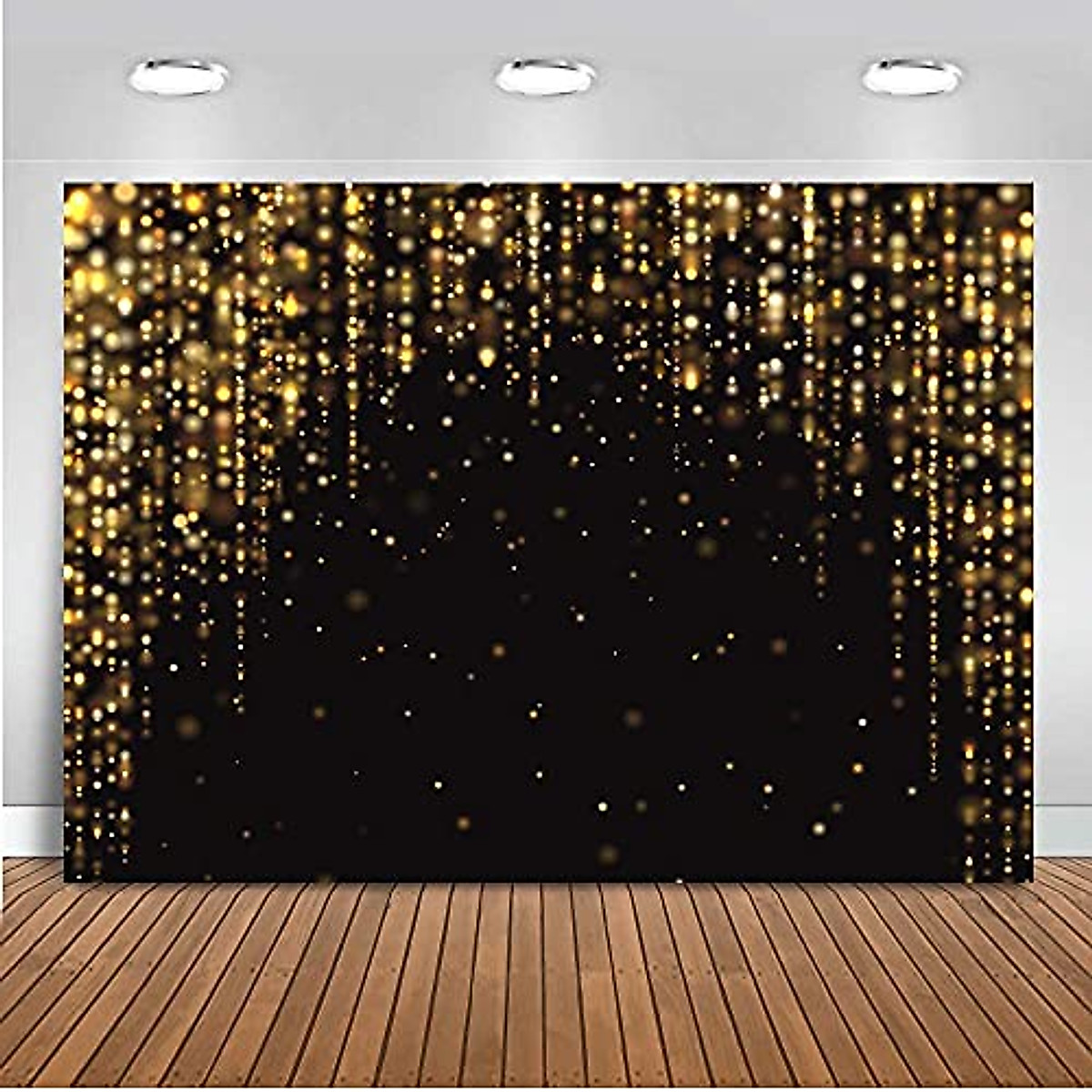 Mocsicka Black and Gold Birthday Backdrop Gold Glitter Bokeh Spot Wedding Decorations Photography Background Adult's Birthday Party Banner Photo Booth Props (7x5ft)