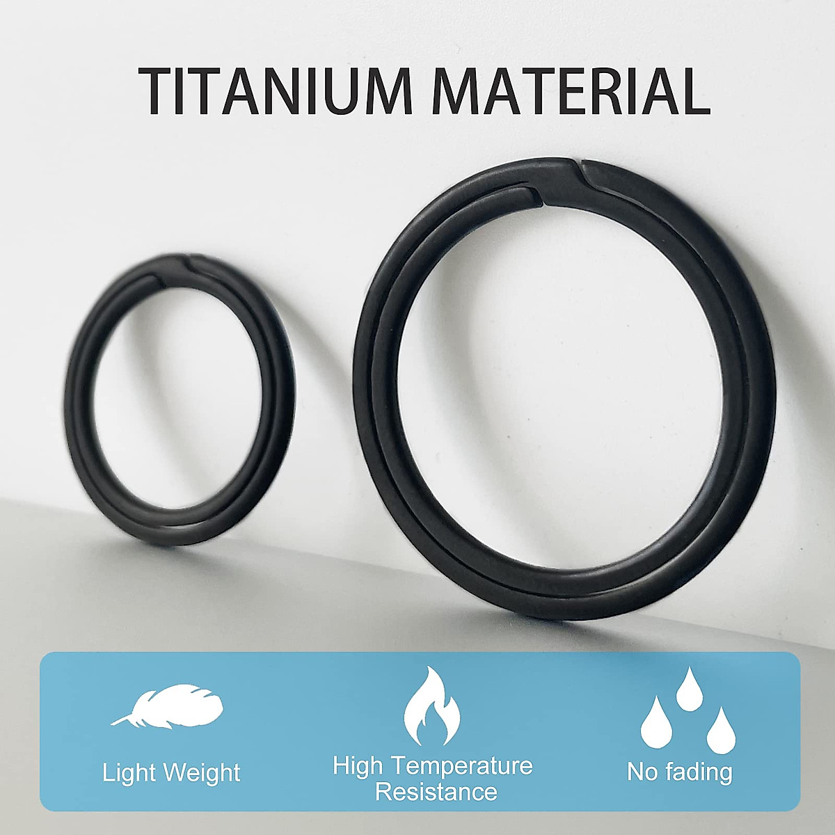 Autuveen Titanium Key Ring for Keychains,Black Keyrings Side-Pushing Key Chain Holder for Car/House Keys(Black,L+S)