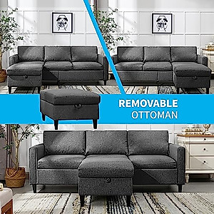 CECER Convertible Sectional Sofa Couch Set 3 Seat L Shaped Sofa Couch with Flexible Storage Ottoman Chaise Modern Modular Sleeper Couches for Living Room Apartment Office - Dark Grey