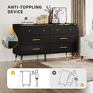 DWVO Black 6 Drawer Dresser, 47" W Large Double Dresser Chest of Drawers, Modern Wood Storage Dresser Organizer with Golden Metal Handles & Anti-Tipping Device for Hallway, Entryway, Dresser Room