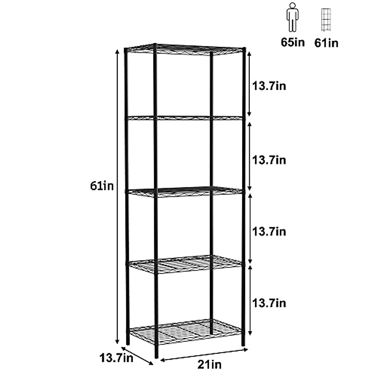 HOMEFORT 5-Tier Wire Shelving 5 Shelves Unit Metal Storage Rack Durable Organizer Perfect for Pantry Closet Kitchen Laundry Organization in Black,21”Wx14”Dx61”H