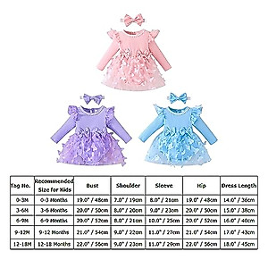 IDOPIP Baby Girls Butterfly Tutu Dress Ruffle Long Sleeve Romper with Butterfly Tutu Skirt and Bowknot Headband 2PCS Infant Girls 1st Birthday Outfit Winter Fall Dress Clothes Pink 3-6 Months