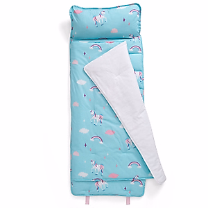 Delta Children Nap Mat with Included Pillow and Blanket for Toddlers and Kids; Features Carry Handle with Strap Closure and Name Tag; Rollup Design is Ideal for Preschool and Daycare, Unicorn