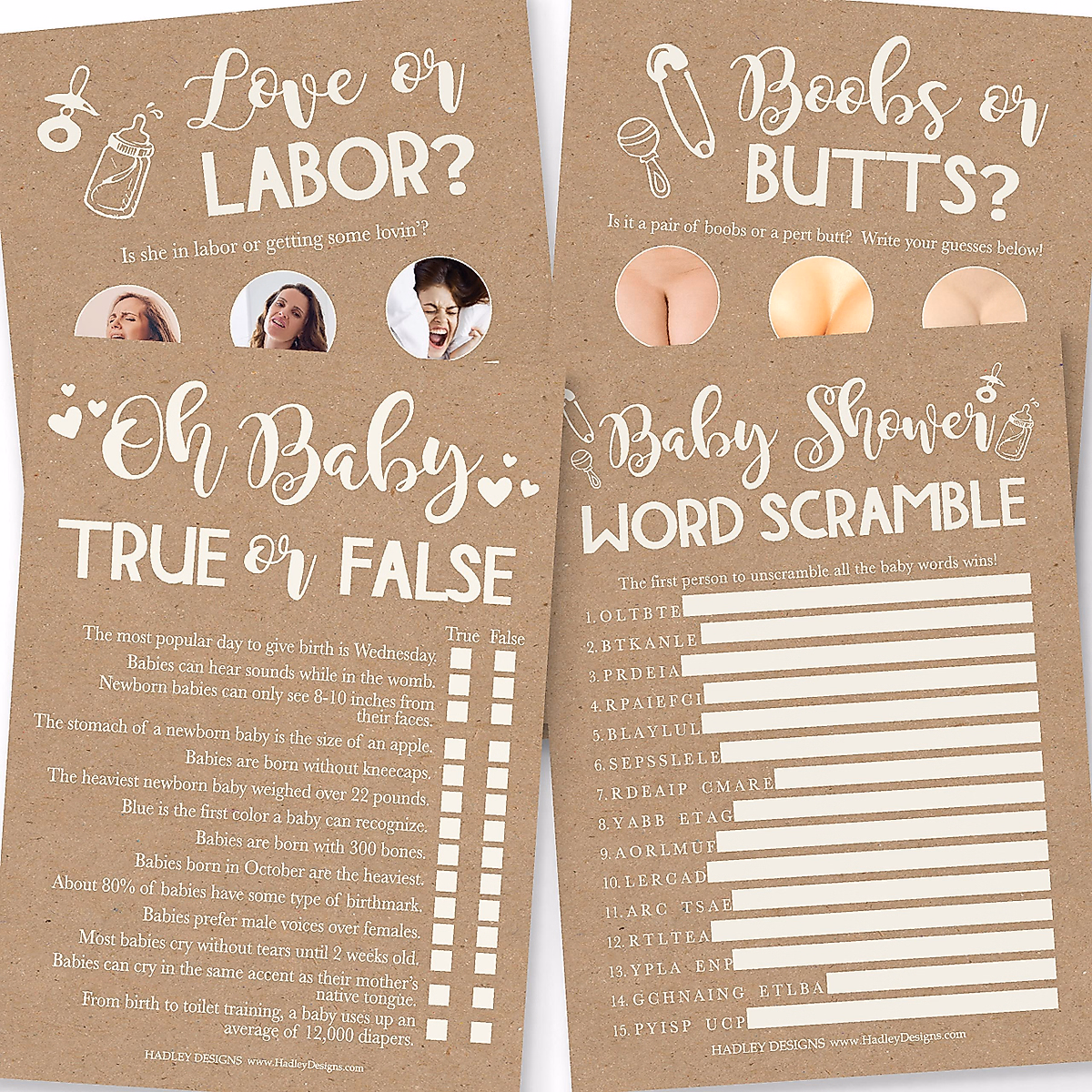 25 Rustic Love or Labor, Boobs Or Baby Butts Game, 25 True Or False, Word Scramble For Baby Shower - 4 Double Sided Cards Baby Shower Ideas, Baby Shower Party Supplies Baby Sprinkle Games