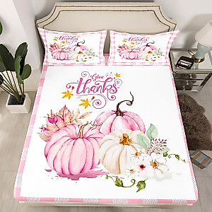 Pink Fall Bed Sheet Set Pumpkin Fitted Sheet for Kids Boys Girls Teens Room Decorations Autumn Harvest Bedding Set Full Size Buffalo Check Grid Bed Cover Deep Pocket 3Pcs