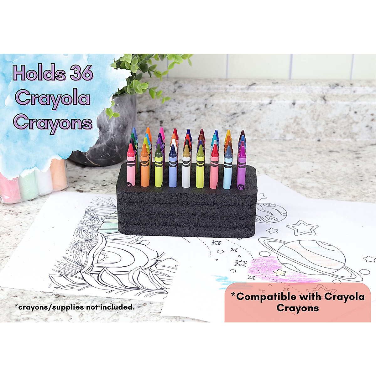 Polar Whale 4 Crayon Desk Stand Organizers Compatible with Crayola and Others Design Storage Tray Supply Non-Scratch Non-Rattle Washable Durable Black Foam Each Holds 36