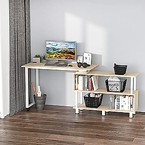 HOMCOM Mobile L-Shaped Rotating Computer Desk with Storage Shelves Moveable Rolling Writing Table Home Office Study Workstation for Home Office, Oak