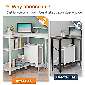 ODK 58 Inch Computer Desk with USB Charging Port & Power Outlet, L-Shaped Corner Desk with Storage Shelves & Monitor Shelf for Home Office Workstation, Modern Writing Table, White