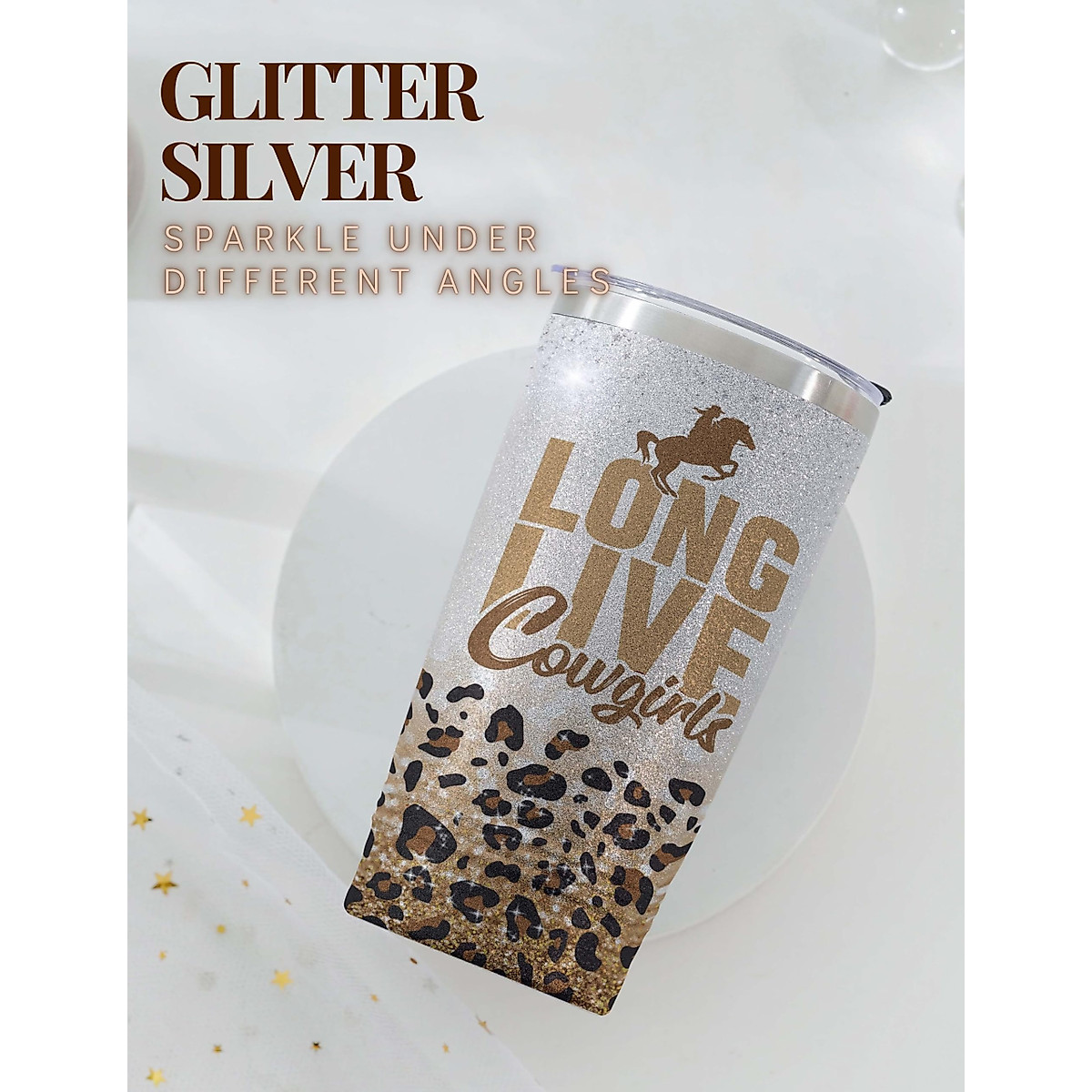 Onebttl Country Girl Gifts, Insulated Stainless Steel Wine Tumbler with Lid and Straw, Western gifts for Women, Farm Girl Gifts, Glitter Silver, 20 oz