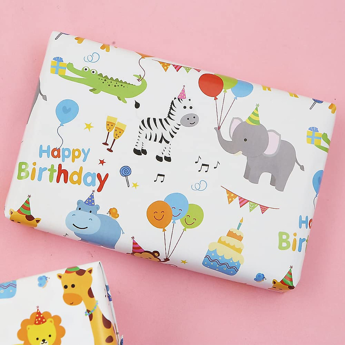 Birthday Wrapping Paper For Kids Girls Boys, Animals Party Design Gift Wrap Paper for Birthday Baby Shower, 4 Sheets Folded Flat 20x28 Inches Per Sheet, Monkey Lion Elephant Giraffe Alligator Zebra
