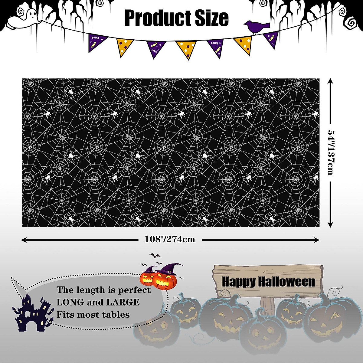 Yoochee Halloween Tablecloth Plastic, 54'' x 108'' Rectangular Waterproof Black Spider Web Halloween Table Covers, Disposable Table Cloth for Halloween Dinners & Party Decorations (Black, 1 Pack)