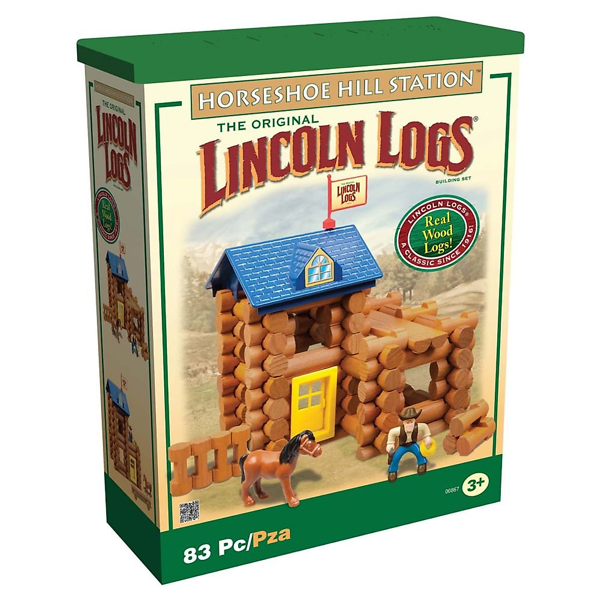 LINCOLN LOGS-Horseshoe Hill Station-84 Pieces-Real Wood Logs - Ages 3+ - Best Retro Building Gift Set for Boys/Girls – Creative Construction Engineering – Top Blocks Game Kit - Preschool Education Toy