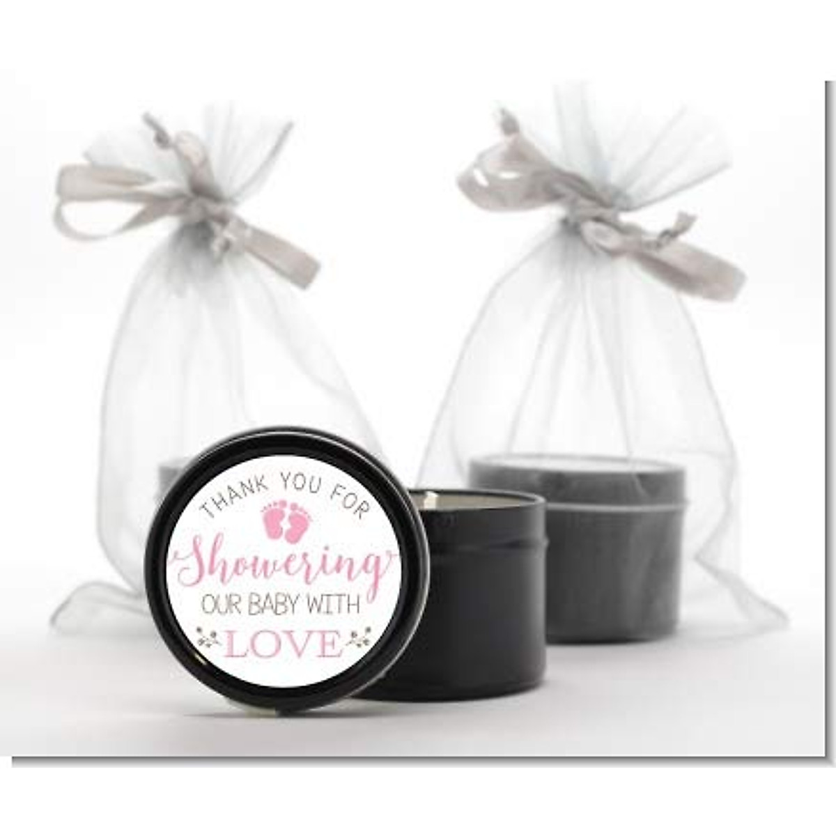 Baby Shower Stickers | Pink | Thank You for Showering Our Baby with Love | 48 Stickers - 1.67 Inches Round | Baby Shower Stickers for Girls | Pitter Patter - Tiny Baby Feet Baby Shower Labels