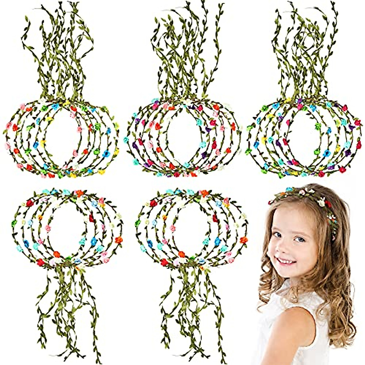 28 Pieces Colored Flower Crown Wreath Headband Floral Garland Headbands Floral Crown Wreath Headband Green Leaves Garland Headpiece for Women Girls Wedding Holiday Party