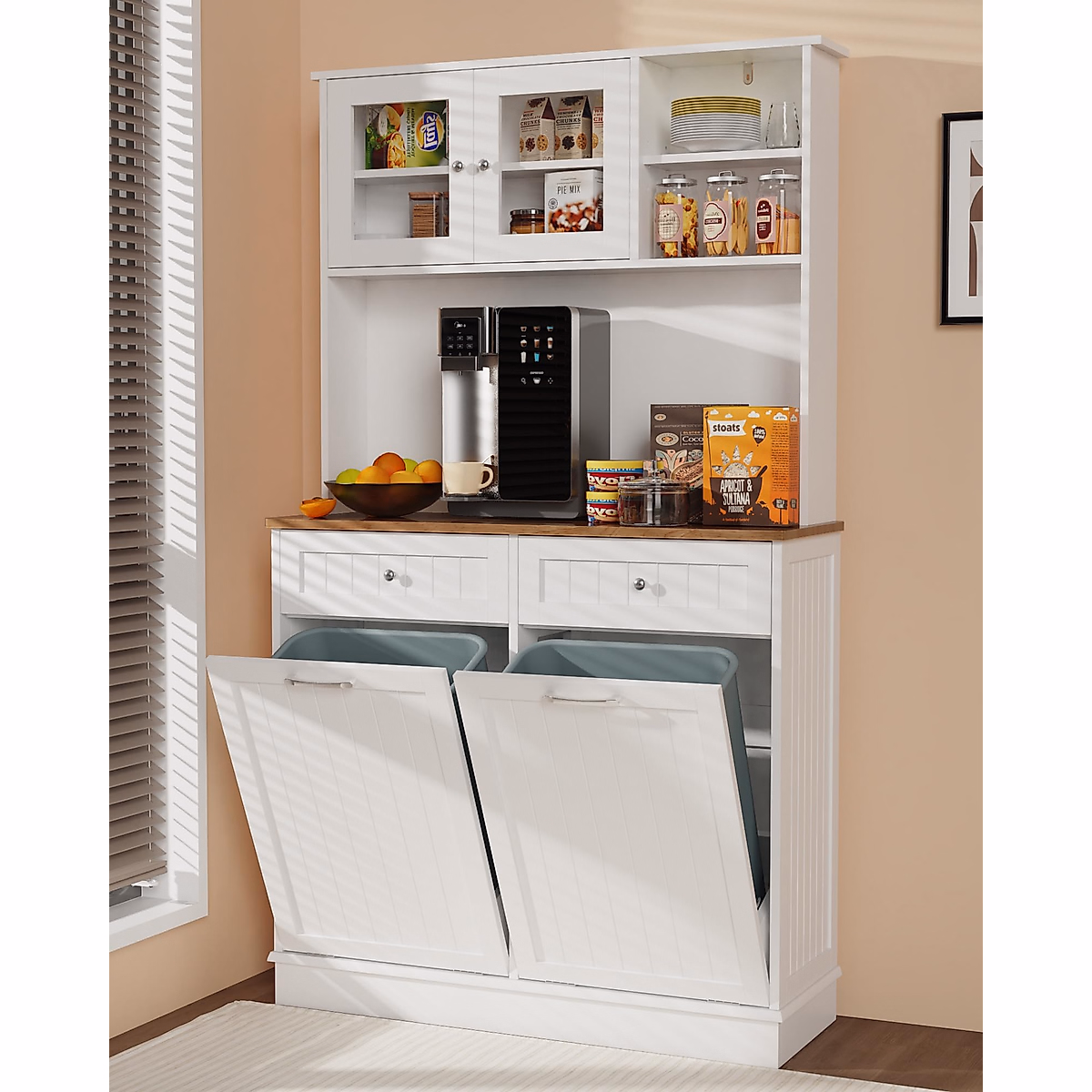 YOCONYO Double Tilt Out Trash Cabinet Storage Cabinet 20 Gallon with Two Solid Wood Hideaway Trash Holder Drawers, Dual Wooden Free Standing Recycling Cabinets Trash Can Bin Kitchen (White Brown)