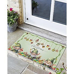 Door Mat Non-Slip 18 x 30 Inch Front Doormat, Green Christmas Elf Xmas Balls Candy House Bells Absorbent Resist Dirt Indoor Outdoor Entryway Mats for Bedroom Garage Washable Doormat Home Decor