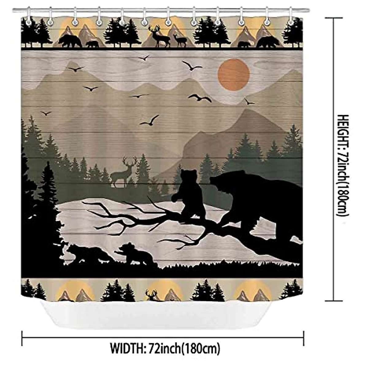 Dia Magico 4PCS Black Bear Shower Curtain Set with Rugs, Sun Mountain Birds Deer Elk Moose Wildlife Hunting Cabin Lodge Pine Tree Woodland Country Rustic Farmhouse Bathroom Decor, Mother Bear & Cubs