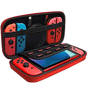 Orzly Switch Accessories Bundle – Carry Case for Nintendo Switch Console (NOT OLED MODEL) Tempered Glass Screen Protectors, USB Charging Cable, Switch Games Case, Comfort Grip Case & Headphones - RED