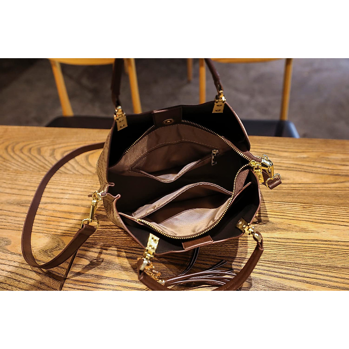 Eightown Beige Tote Bag for Women - Designer Top Handle Bag with Flowers Printing - High-capacity Shoulder Purse with Tassel Pendant(Beige strap)