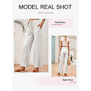 Dokotoo Women's Ladies Plus Size Fashion Summer Beach Casual Linen Elastic High Waisted Drawstring Comfy Elegant Wide Leg Loose Work Office Long Palazzo Pants for Women Trousers with Pockets White M