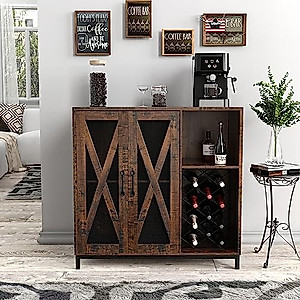 FROMJBEST Wine Bar Cabinet, Industrial Coffee Bar Cabinet with 2 Door and Shelf, Glass Holder, Accent Storage Cabinet, Buffet Sideboard for Dining Room, Kitchen