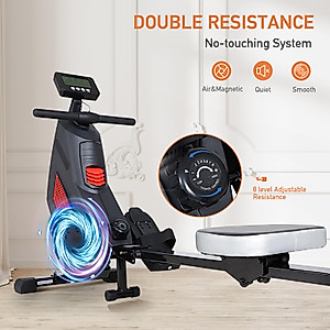 Rowing Machine Folding Magnetic Air Rowing Machines, Indoor Rower Machine for Home Use, 8 Levels Quiet Magnetic & Air Dual Resistance Foldable Rower for Exercise Gyms Training, 250 LBS Max Weight