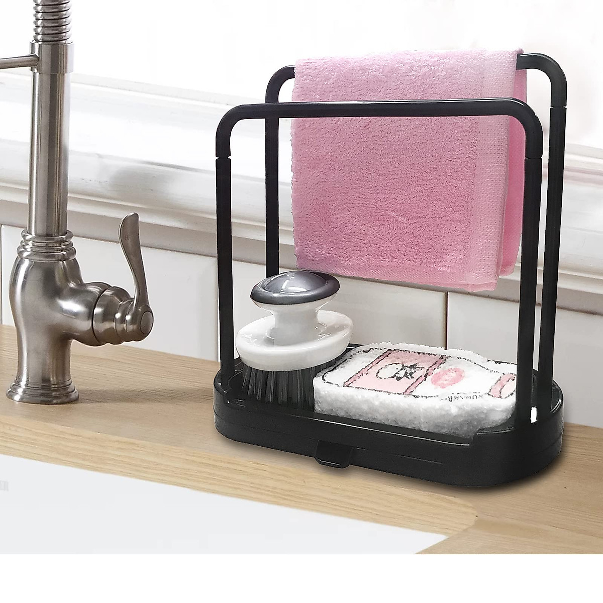 3 in 1 Sponge Holder Sink Caddy, Dish Cloth Hanger + Soap Rack + Sink ，with Drain Pan, for Kitchen Sink or Bathroom Storage,Sponge Brush Soap Dish Dishcloth RackStopper Holder