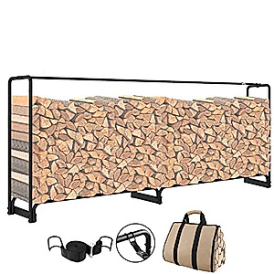 Eurmax USA Firewood Rack Outdoor Log Rack Holder Fireplace Heavy Duty Wood Stacker Storage Rack Holder Steel Tubular Wood Pile Racks Bonus Carry Bag and Strong Belt (8ft)