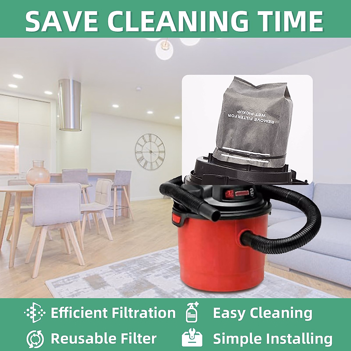 9 Pack 38737 Dust Filter Bags Replacement for Craftsman 2 to 2.5 Gallon Wet/Dry Vacuums and Powerhead Bucket Vac, with 3 Retaining Bands, Part# 9-38737/CMXZVBE38737