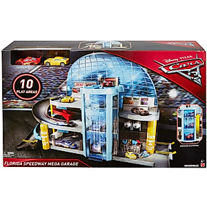 Mattel Disney and Pixar Cars Garage Playset with Lightning McQueen & Cruz Ramirez Toy Cars, Florida Speedway Mega 3-Level Garage