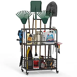 OUSHENG Garden Tool Organizer for Garage, 37"x26"x16" Yard Tool Racks with Wheels, Power Tool Oraganizer and Storage Holder for Garage Garden Yard Shed Indoor Outdoor, Gifts for men