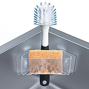 The Crown Choice Kitchen Sponge and Brush Holder – Space Saving Corner Sink Caddy - Sponge Holder Plastic, Adhesive, Rust Proof and Water Proof – Kitchen Holder Sponges, Scrubbers, Soap