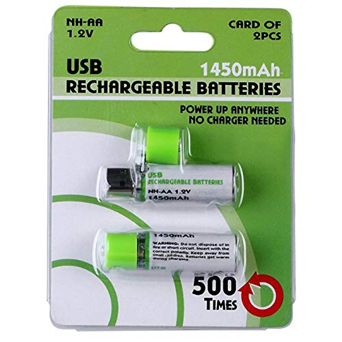 GreenEarth USB Rechargeable AA Batteries | 1450 mAh | Quick Charge USB Charger | 500 Cycles Reusable | NiMH Double A 1.2v (2 Pack)
