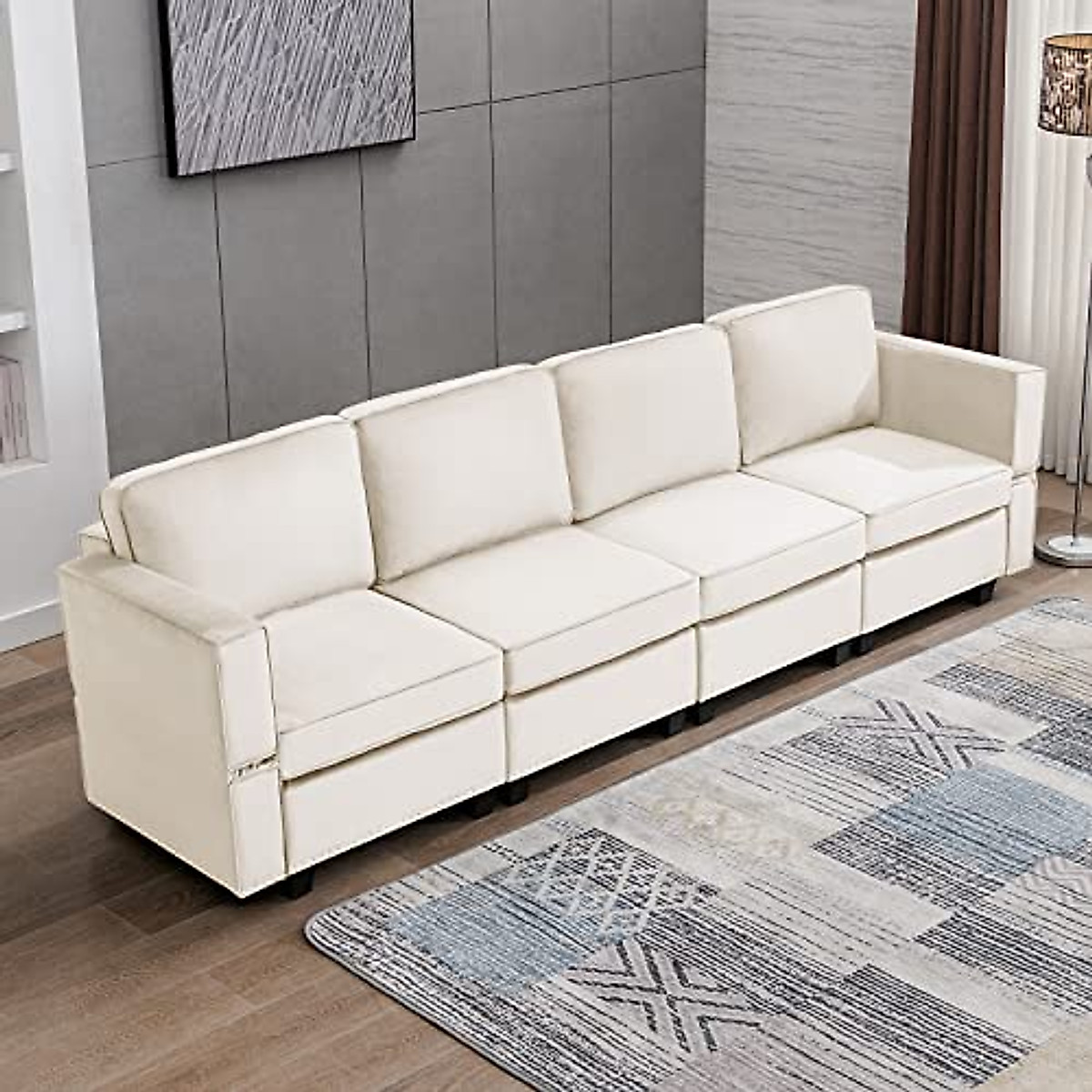 ZAFLY Sectional Sofa, 4 Seat Convertible Modular Beige Couch with Adjustable Backrest and Armrests I Shaped Sleeper Comfy Couch for Living Room