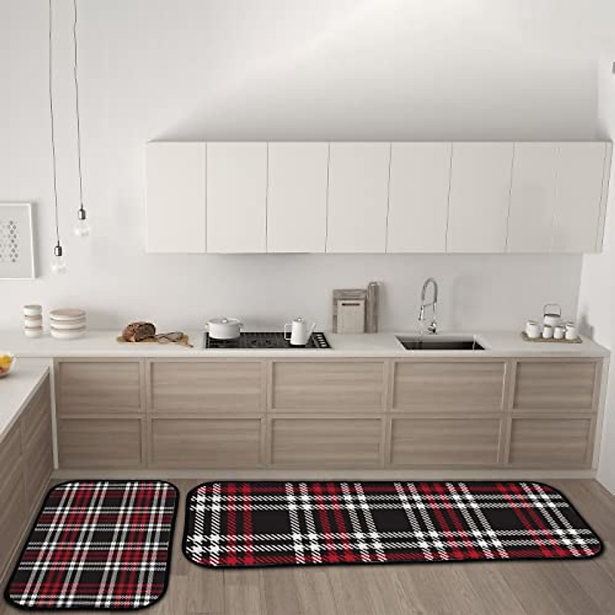 Vantaso Kitchen Floor Mat Rug Red Plaid Checkered Tartan Set of 2 Cushioned Non-Slip Comfort Runner Rugs