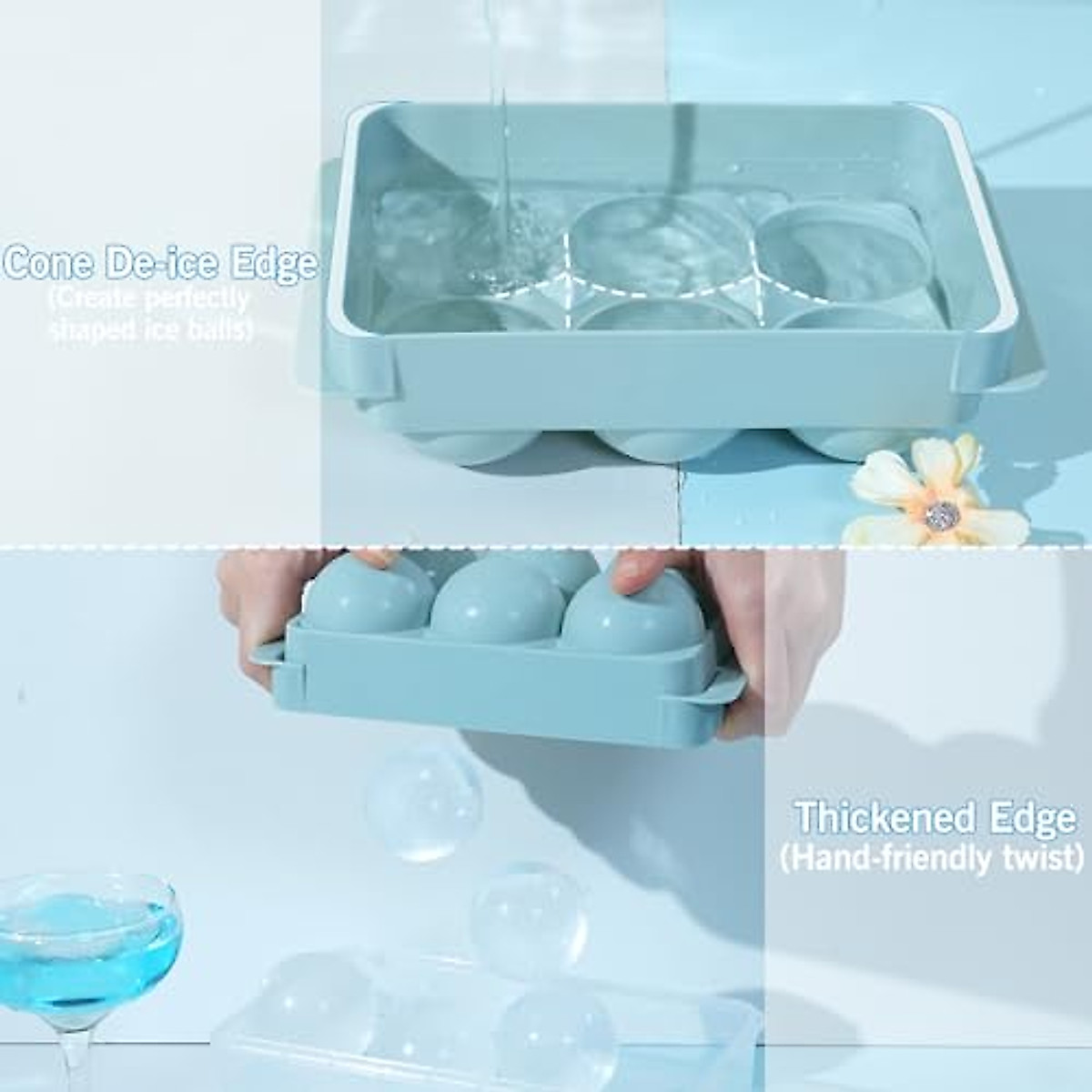 WIBIMEN Large Ice Cube Tray, 1.9IN Whiskey Ice Mold, 2 Pack Sphere Ice Cube Mold with Bin&Tong, Leak-free Round Ice Cube Mold, Easy Fill & Release Ice Ball Maker for Whiskey Cocktails Bourbon(Blue)