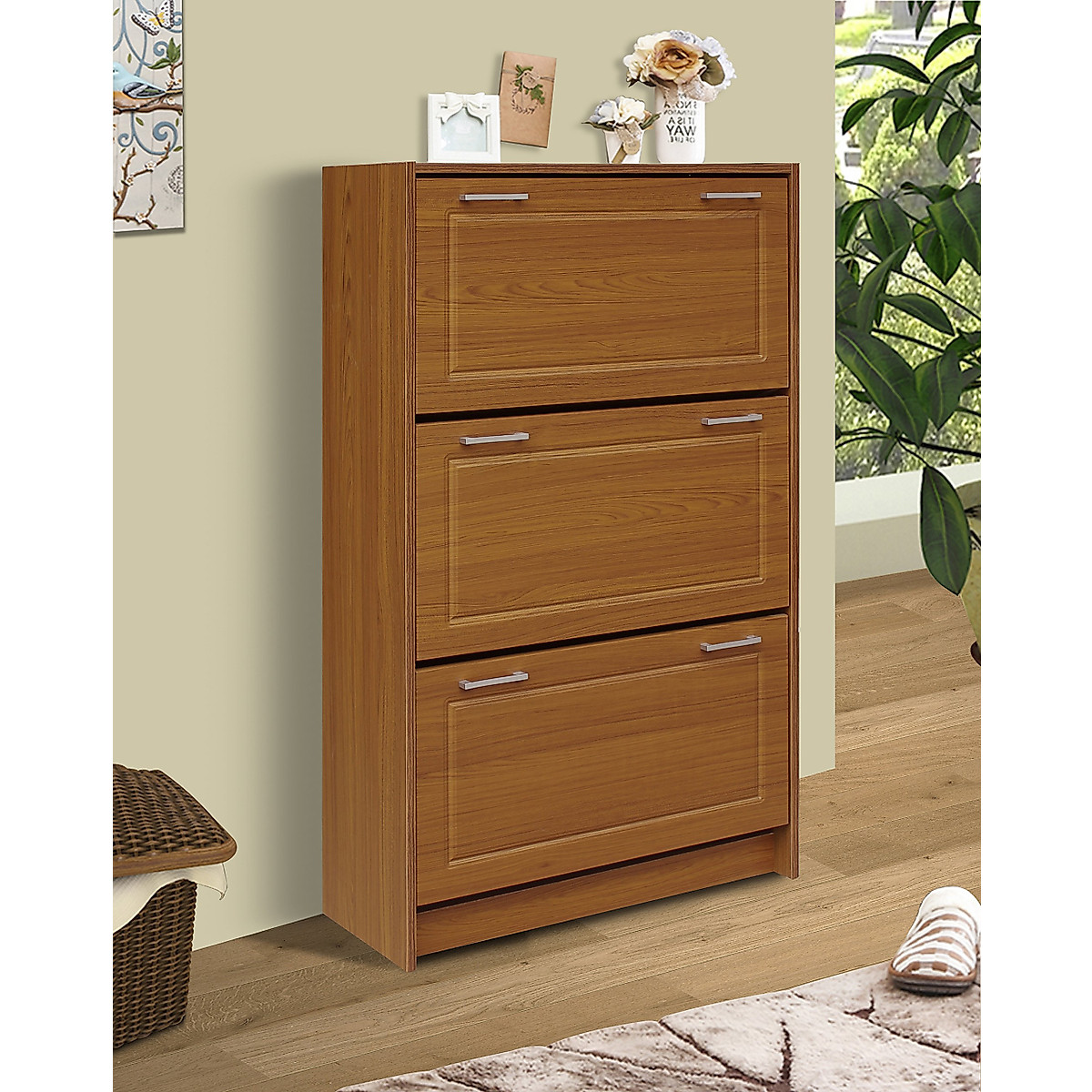 4D Concepts DELUXE TRIPLE SHOE CABINET (light walnut), 11.4"D x 29.3"W x 49.6"H,