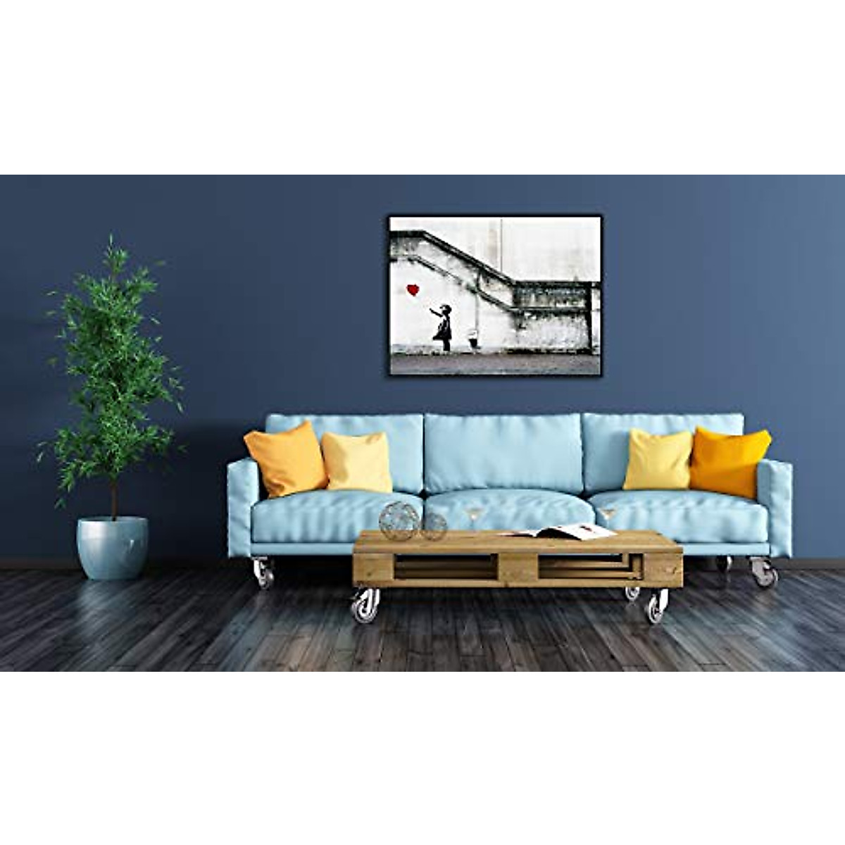 Wieco Art Framed Canvas Wall Art Canvas Prints of Banksy Grafitti Girl with Red Balloon Abstract Artwork for Wall Decor Home Decorations Black Frame