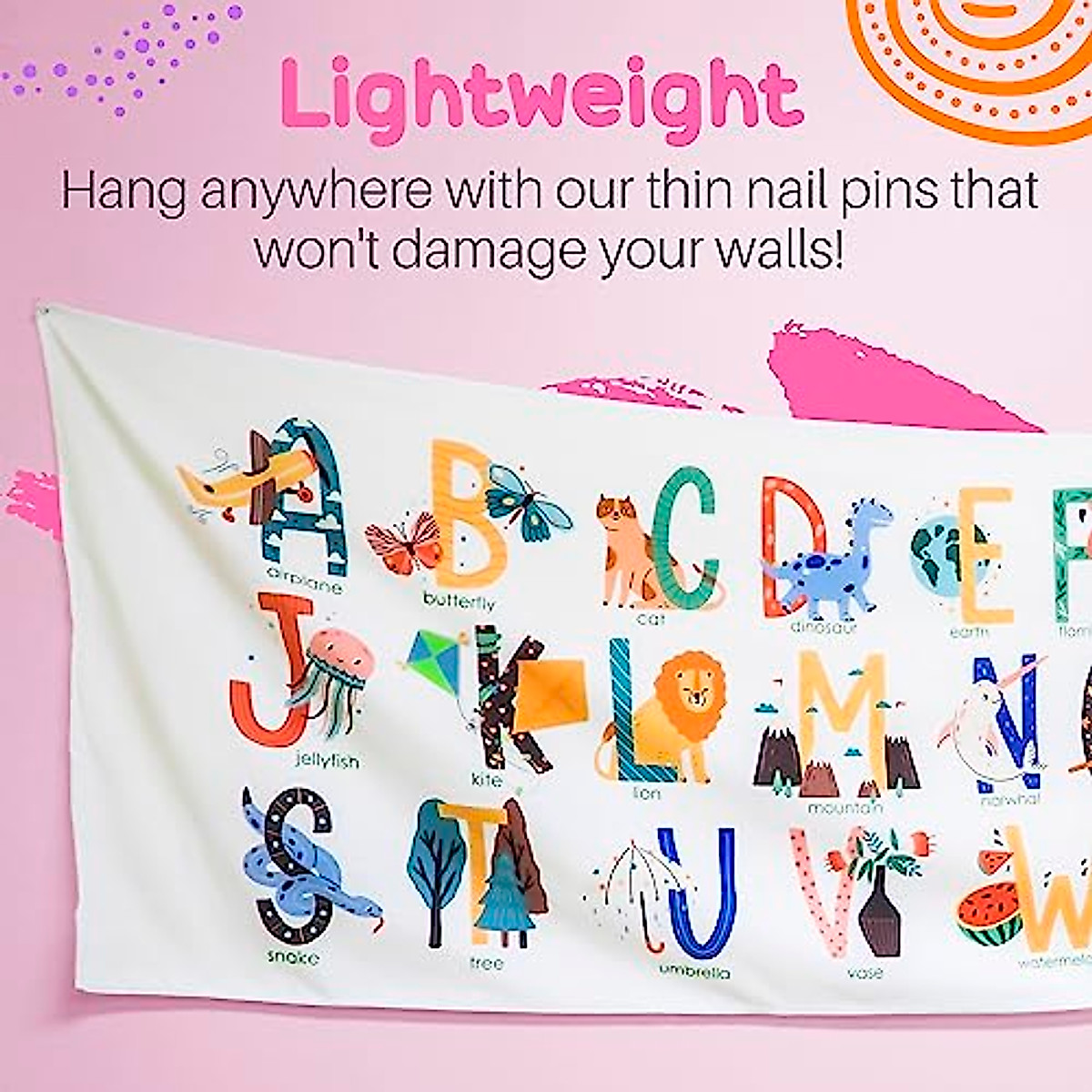 Birdy Boutique Learning Tapestry - Alphabet Pictures - Lightweight & Easy to Hang - Wall Hanging Canvas for Bedroom, Nursery, Classroom – 72" X 28"