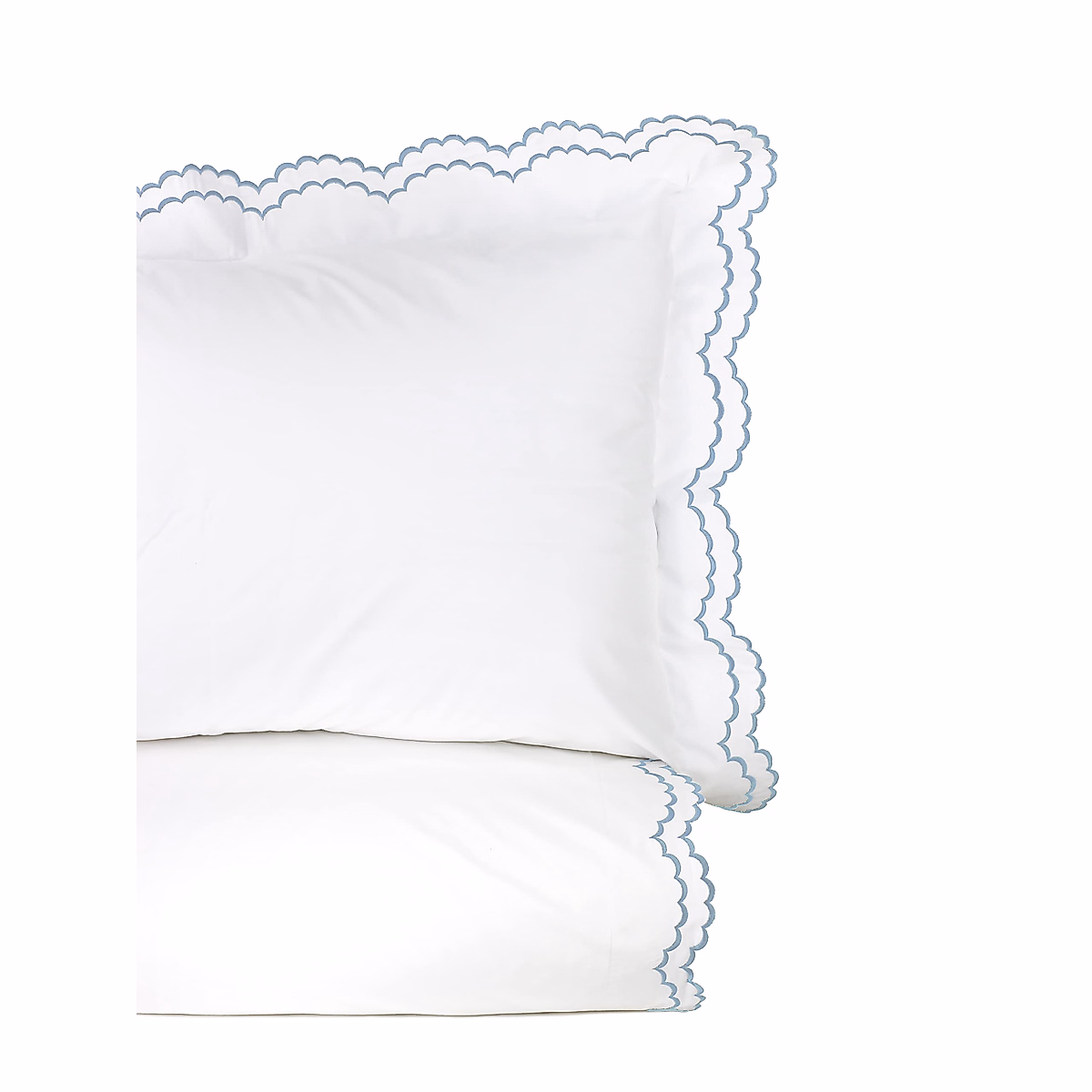 Double Scalloped Percale Weave Embroidered King Size White Duvet Set 300 Thread Count 100% Cotton - Cool Crisp - Luxury Hotel Bedsheet - Oeko Tex Certified Deep Pocket - Blue Piping on Edges