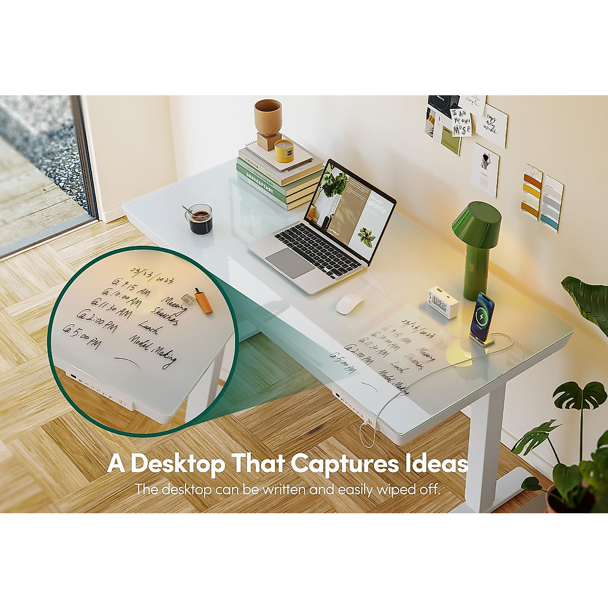 FEZIBO 55 × 24 Electric Standing Desk with Drawers, Whole-Piece Glass Adjustable Height Desk, One-Piece Quick Install Adjustable Sit Stand Desk, White