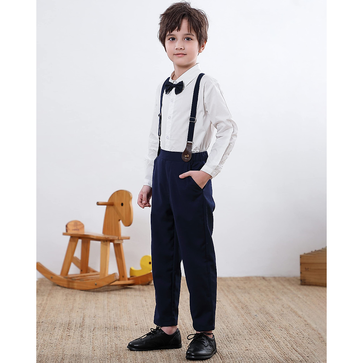 SANGTREE Baby Boys Dress Clothes, Toddlers Boys Long Sleeves Button Down Dress Shirt with Bowtie + Suspender Pants Set Gentlemen Outfit, 1# White, 18-24 Months