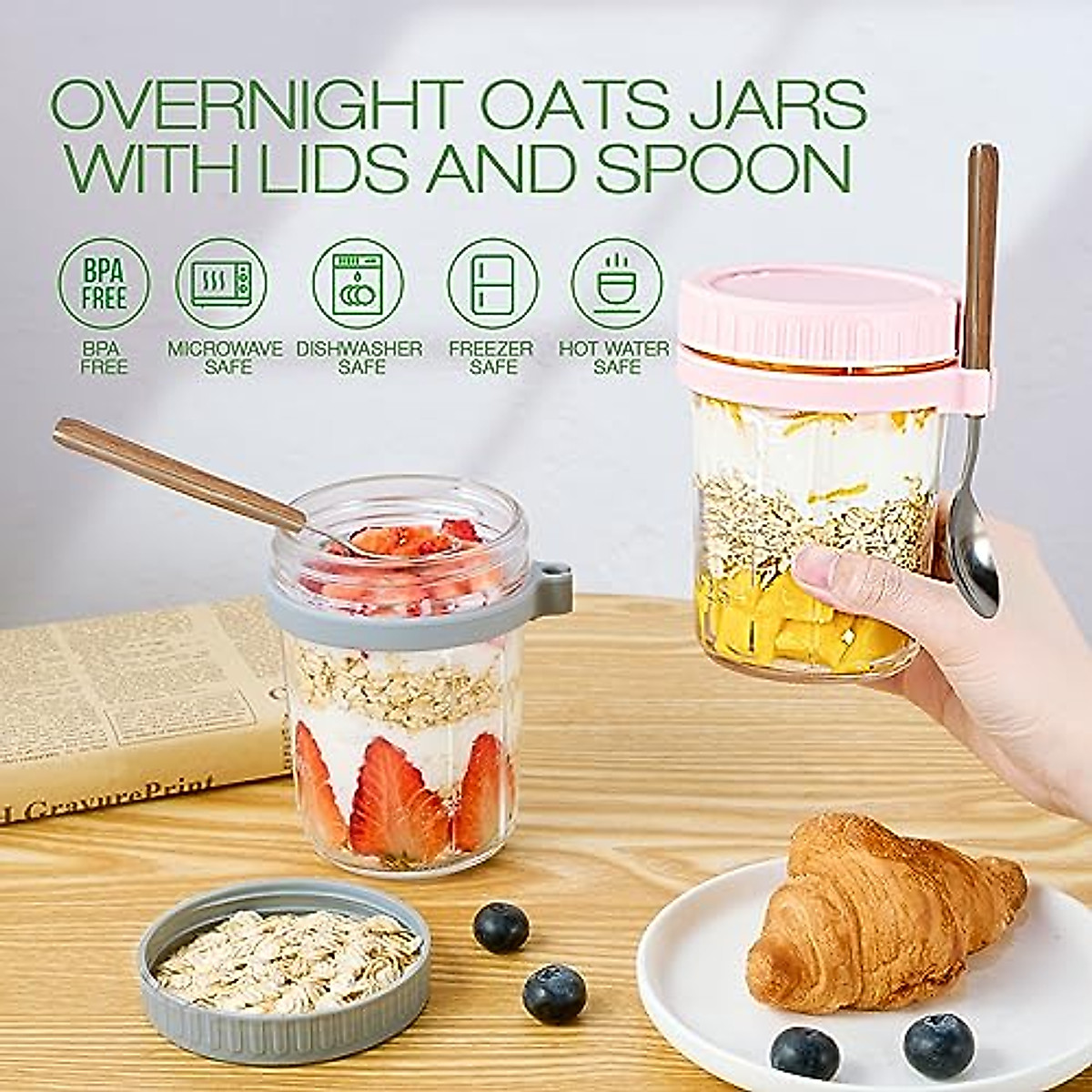 Hoa Kinh Overnight Oat Containers with Lids and Spoon 16oz 2Pack Glass Mason Jars for Overnight Oats, Cereal, Milk, Vegetable and Fruit Salad, Airtight Jars with Two Measurement Marks(Grey and Green)