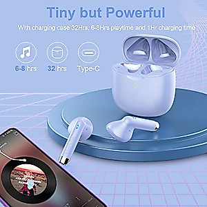 Wireless Earbuds, Bluetooth 5.3 Headphones in Ear with Noise Cancelling Mic, Earbuds Stereo Bass, IP7 Waterproof Sports Earphones, 32H Playtime USB C Charging Ear Buds Purple for Android iOS